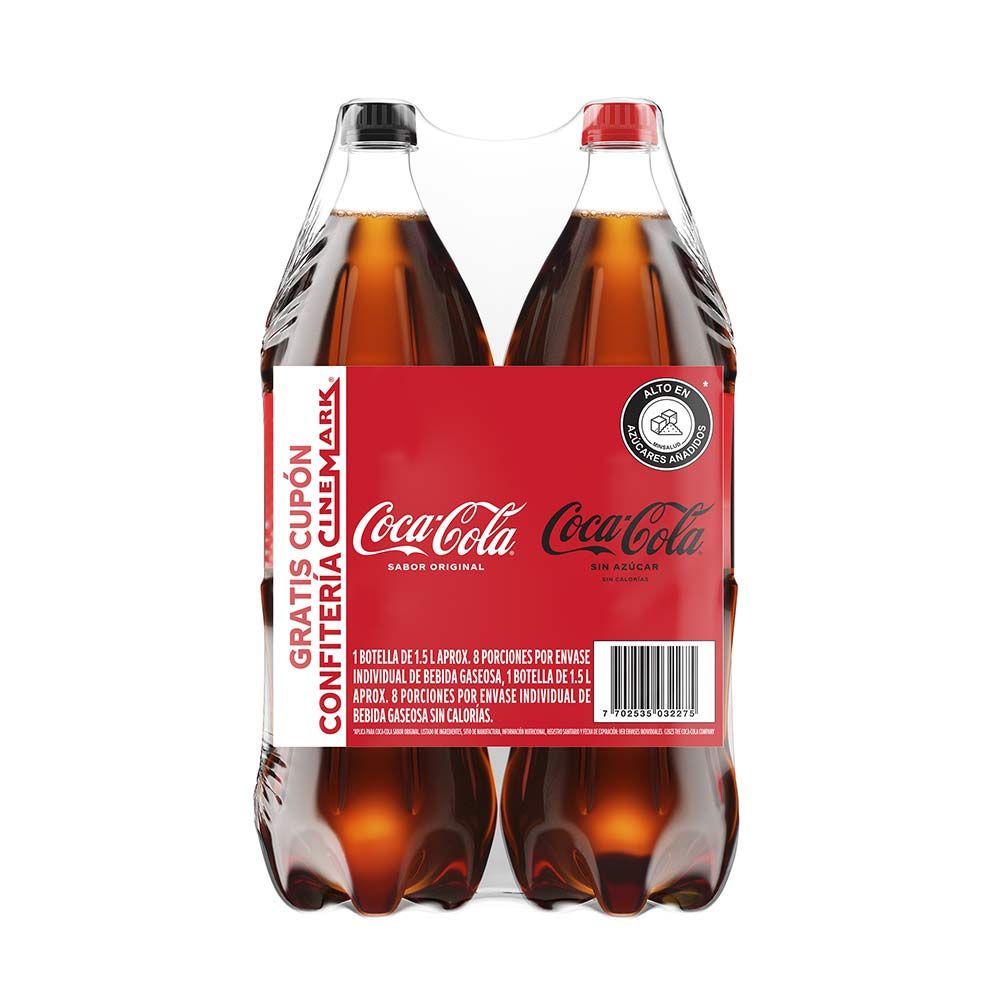Gaseosa Coca-Cola original x1.5L + Sin azúcar x1.5L lleva gratis bono ...